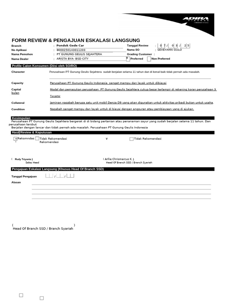 Form Review dan Pengajuan Eskalasi Langsung pt dwi era | PDF