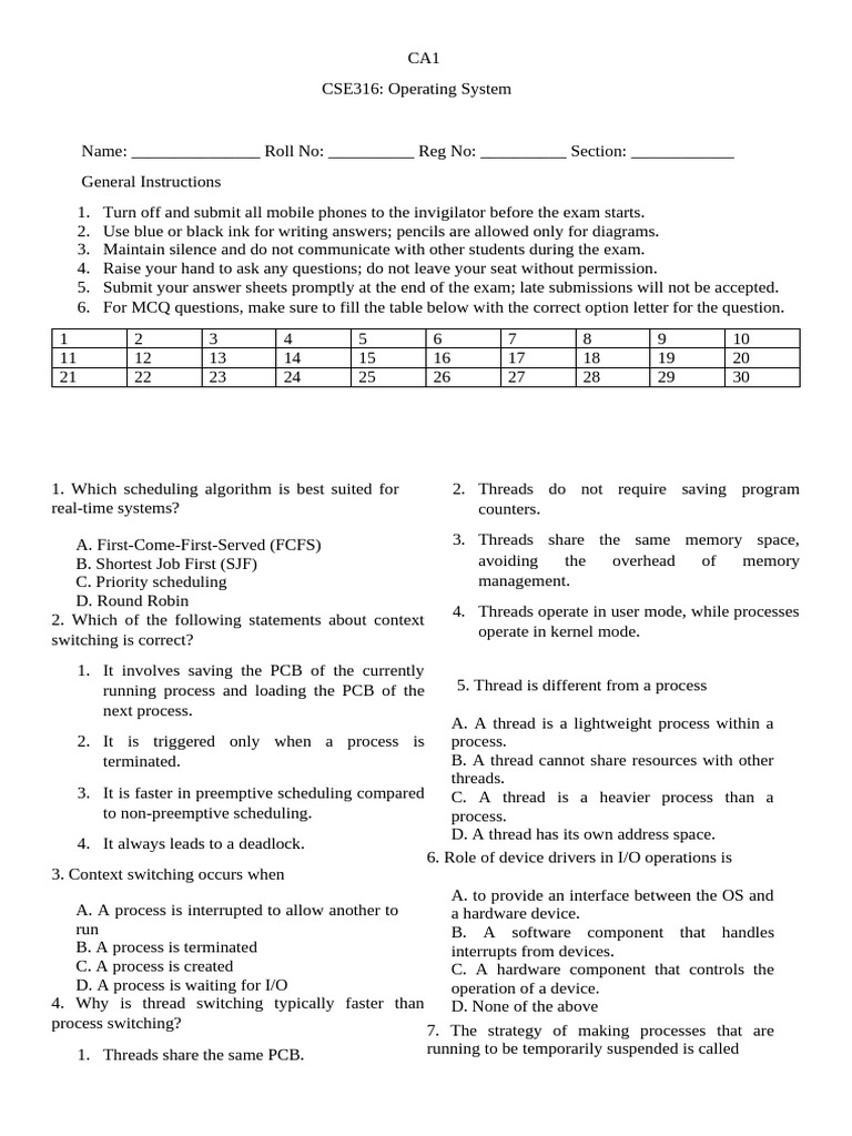 CA1 mcq new session in two format | PDF | Scheduling (Computing) | Process (Computing)