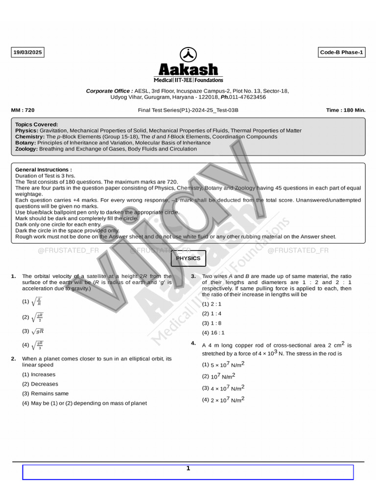 FTS 3 CODE B Viju PHASE 1 QUE @CET - JEE - NEET | PDF