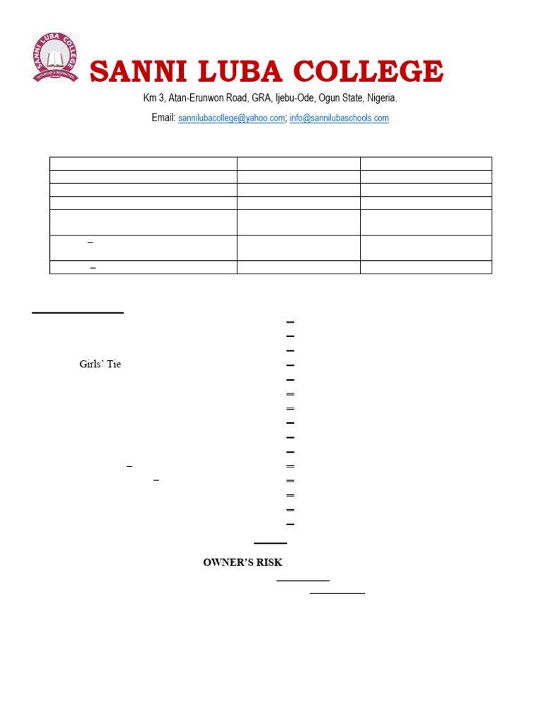 Sanni Luba College School Bill 2024/2025 | PDF | Dress Codes