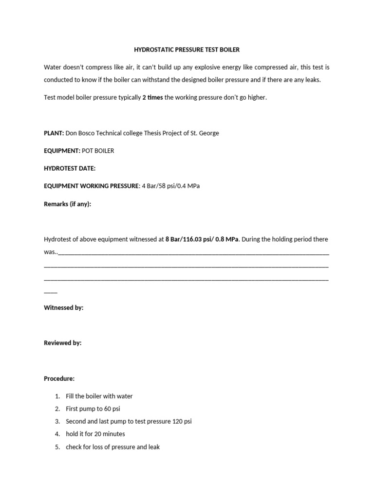 Hydrostatic Pressure Test for Boilers | PDF
