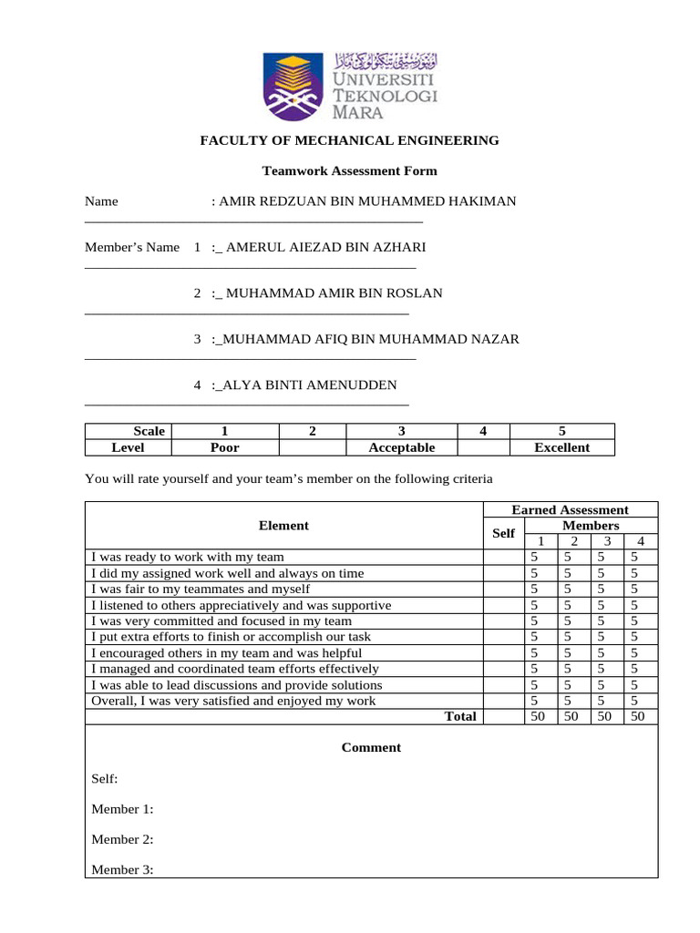 Team Work Assessment Form | PDF