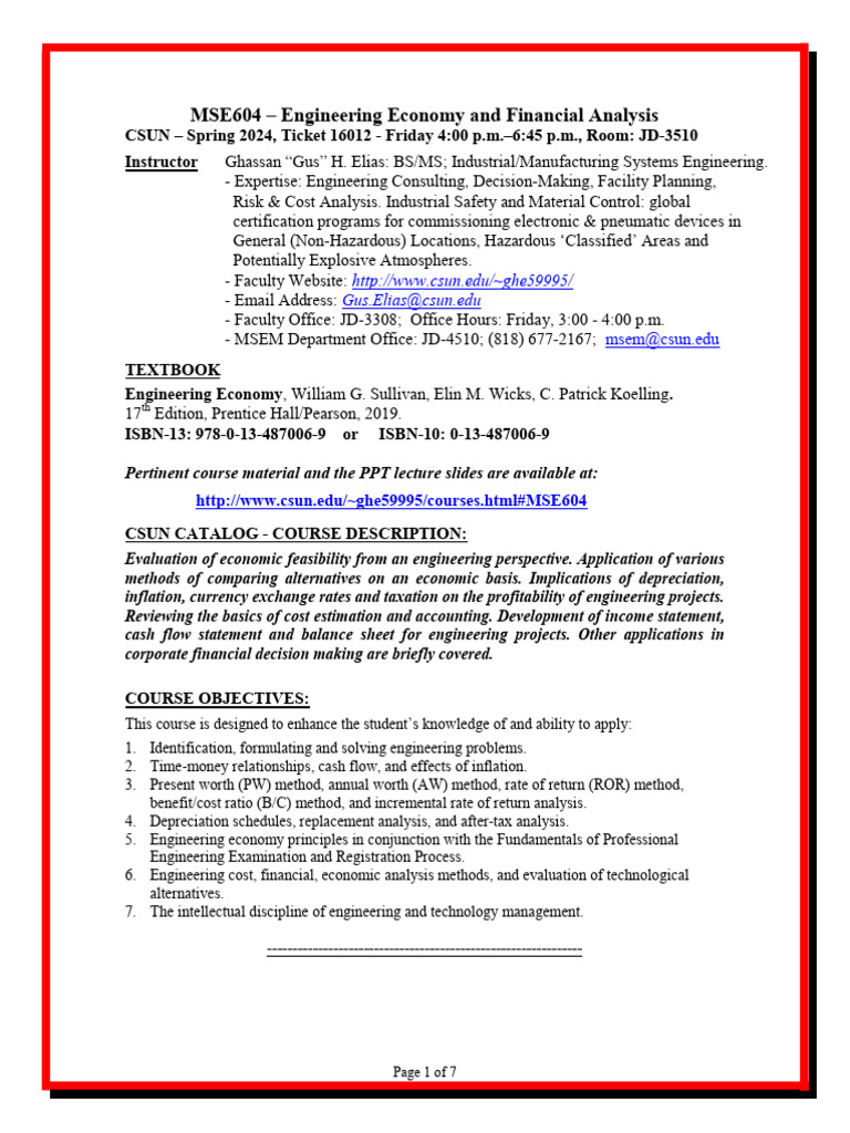Engineering Economy Course Syllabus | PDF | Engineering | Profession