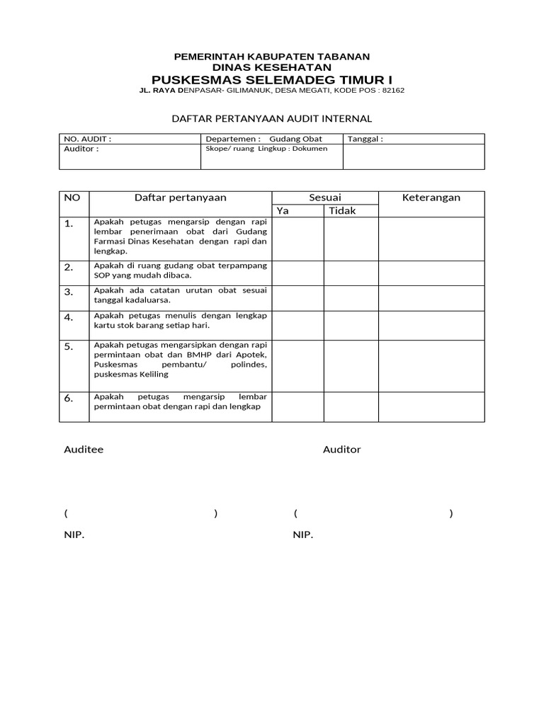 Daftar Pertanyaan Audit Internal Puskesmas | PDF