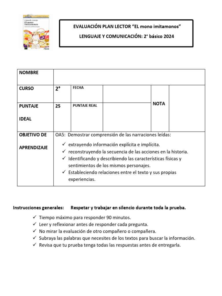 Evaluación Plan Lector 2° Básico 2024 | PDF