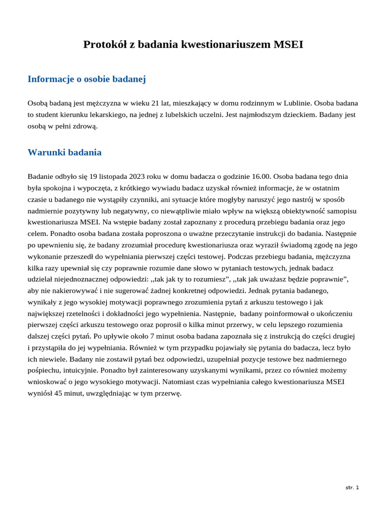 Protokół Z Badania Kwestionariuszem MSEI | PDF