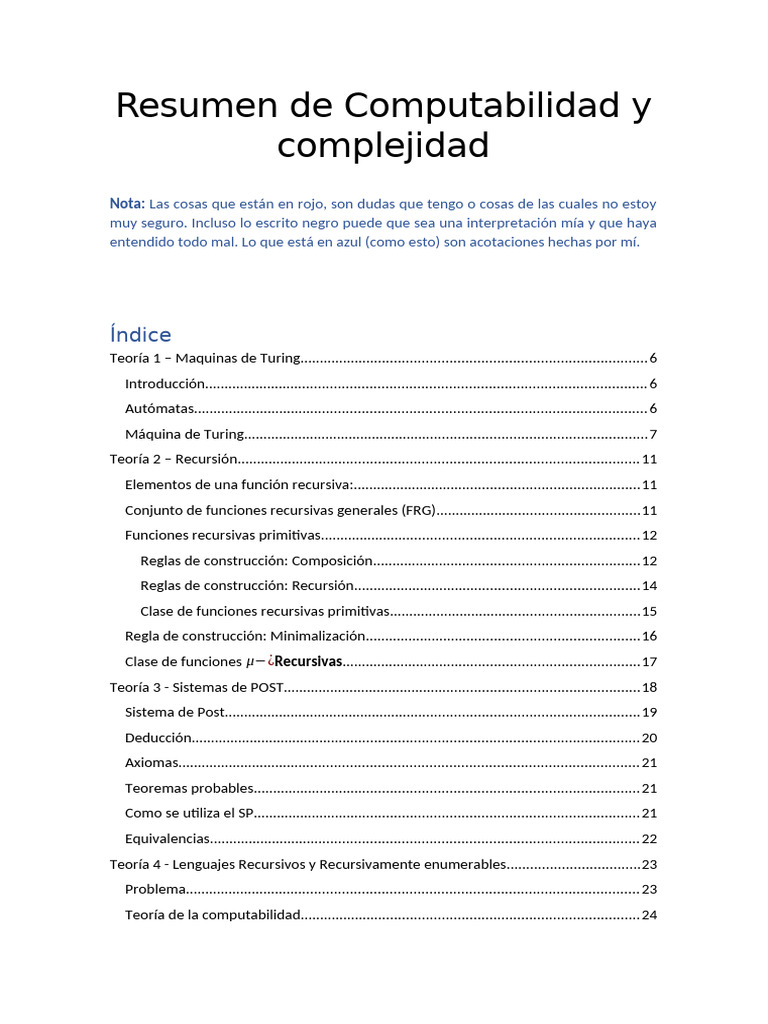 Resumen de Computabilidad y complejidad (1) | PDF | Teoría de la complejidad computacional ...