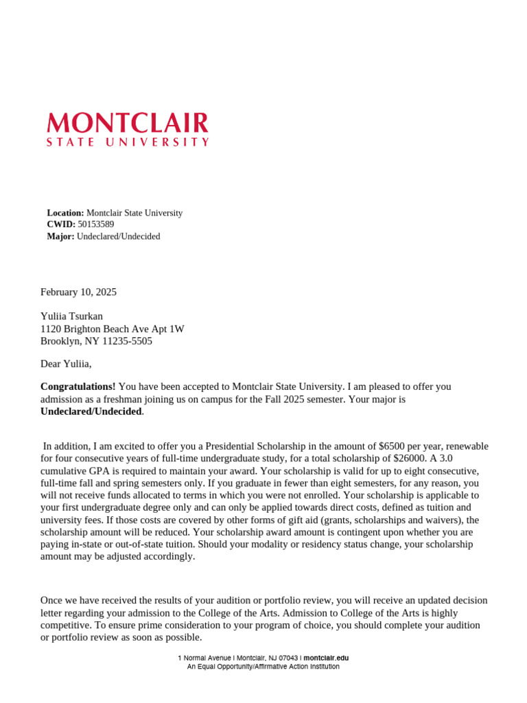 Montclair State University Acceptance Letter | PDF | Educational Stages ...