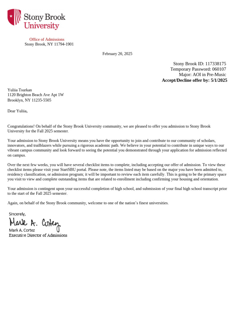 Stony Brook Letter | PDF