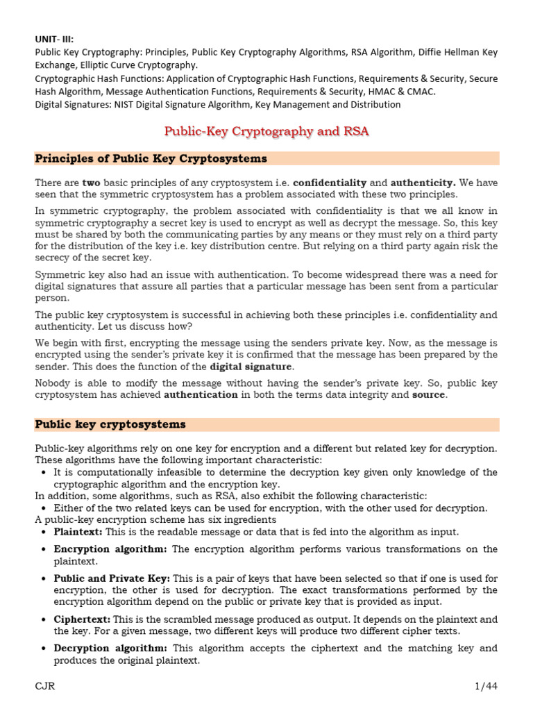 CNS UNIT-3 CJR - For R19 Students | PDF | Key (Cryptography) | Public Key Cryptography