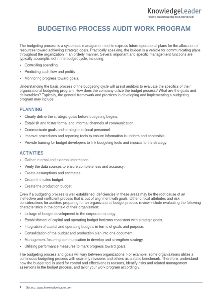 Budgeting Process Audit Guide | PDF | Budget | Goal