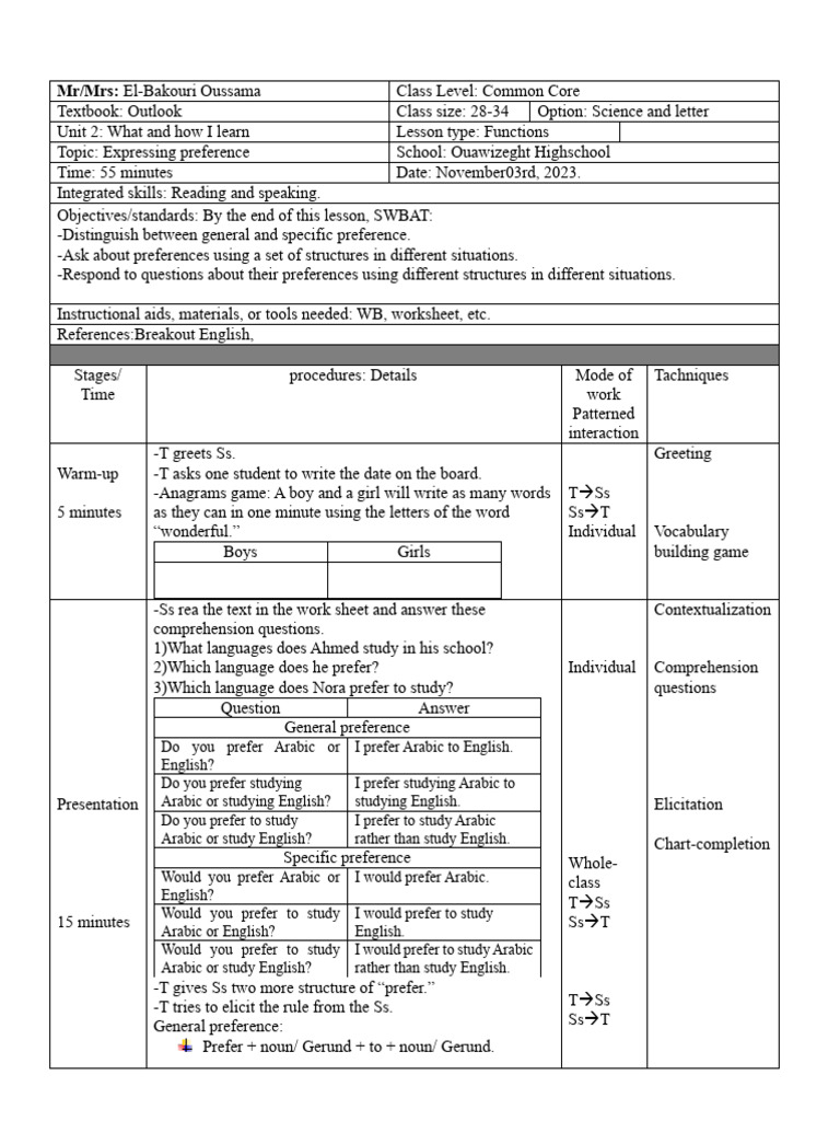 Expressing Preference Lesson Plan | PDF | Reading Comprehension ...