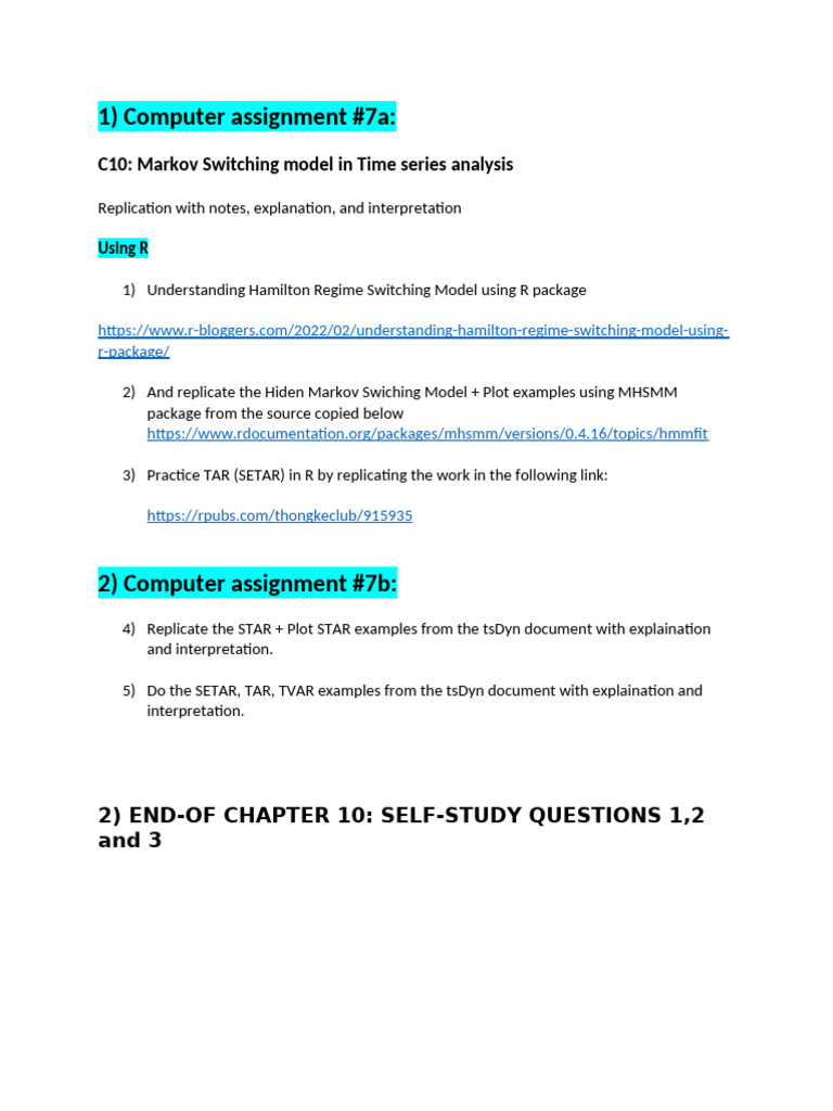 Homework Assignment #7a 7b - Matkov Swithching Model and TAR in Time Series Analysis | PDF