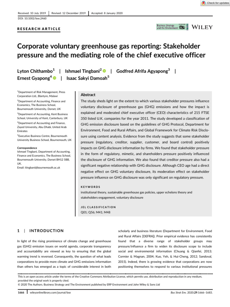 Bus Strat Env - 2020 - Chithambo - Corporate voluntary greenhouse gas ...
