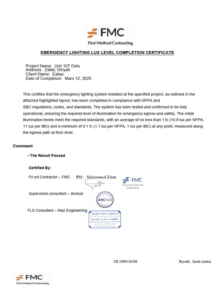 Emergency Lighting Lux Level Completion Certificate | PDF | Electromagnetic Radiation ...