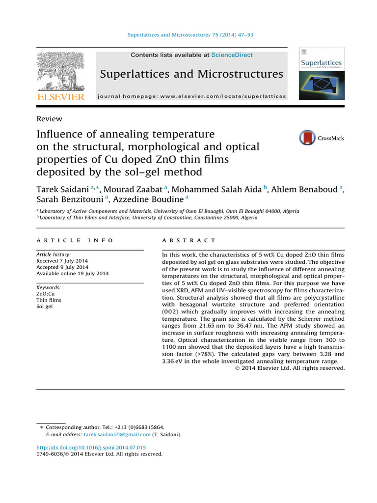 Influence of Annealing Temperature on the Structural, Morphological and Optical Properties of Cu ...