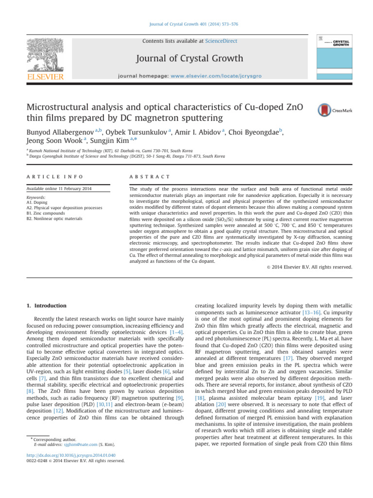 Microstructural Analysis and Optical Characteristics of Cu-Doped ZnO Thin Films Prepared by DC ...