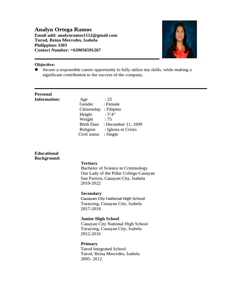 Resume of Analyn Ortega Ramos | PDF