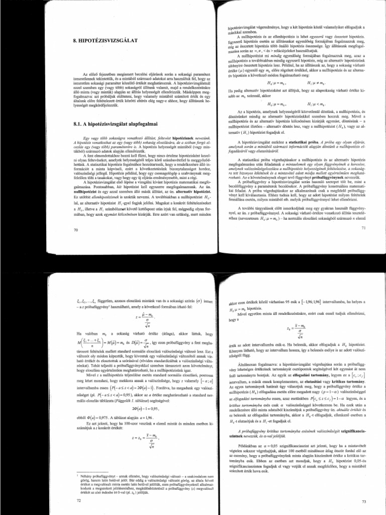 TK2 8 Fejezet Hipotézisvizsgálat | PDF