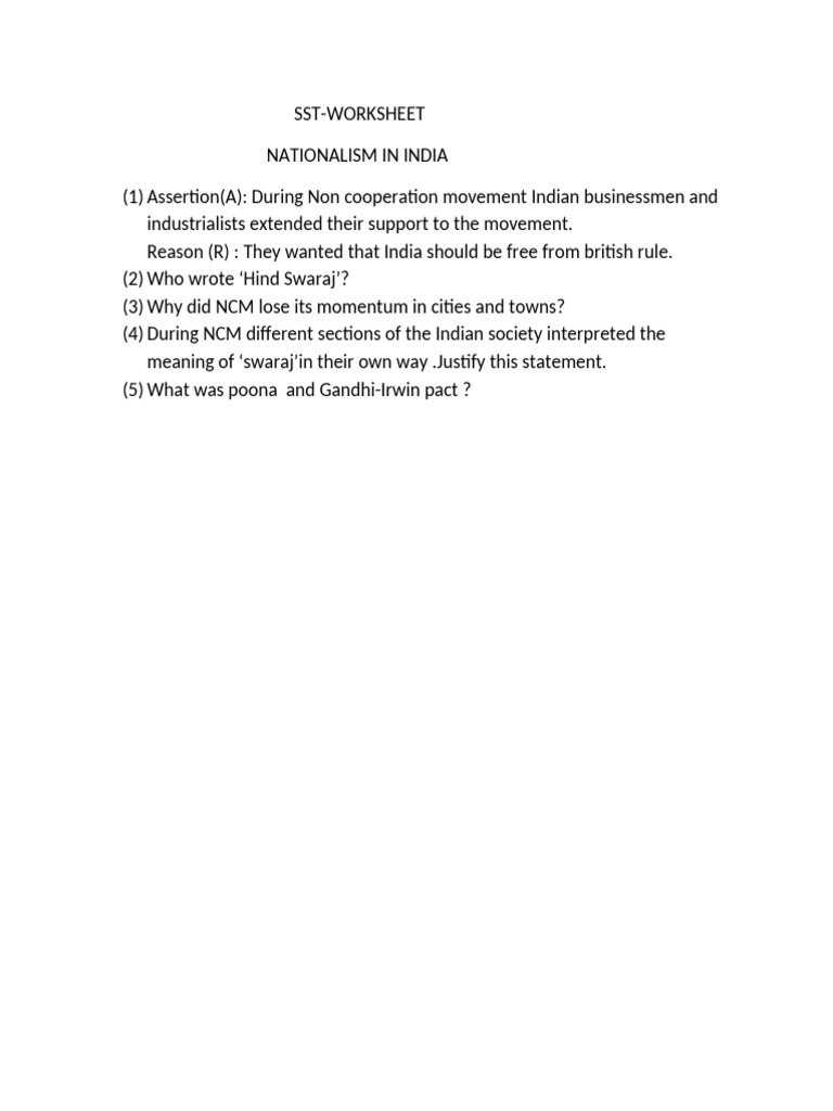 Grade - X SST Worksheet - Nationalism in India. | PDF
