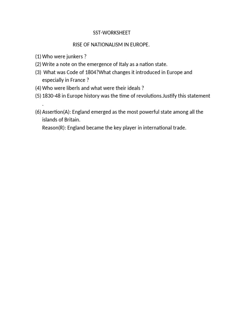 Grade X-SST Worksheet - Nationalism in Europe. | PDF