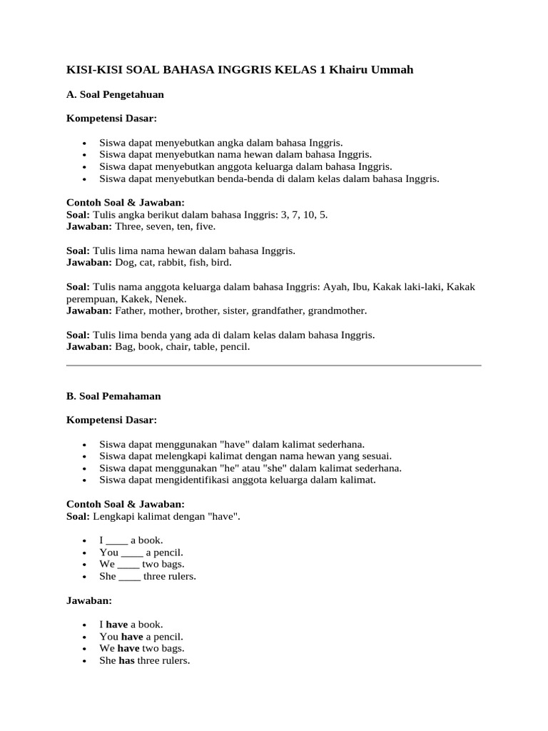 KISI Ksi Kelas 1 | PDF