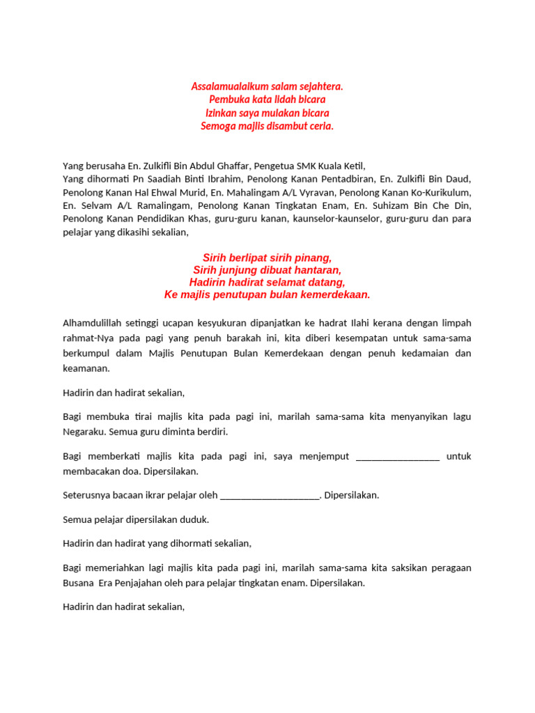 Teks Juruacara Majlis Penutupan Kemerdekaan 2020 | PDF