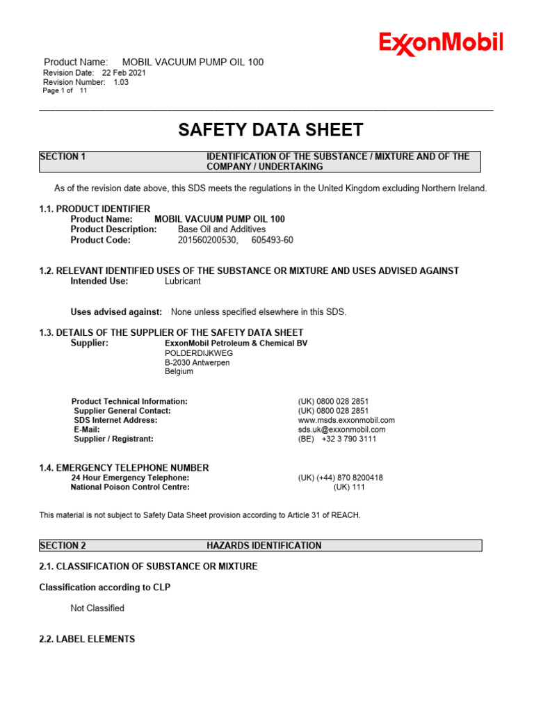 Mobil Vacuum Pump Oil 100 SDS | PDF | Firefighting | Personal ...
