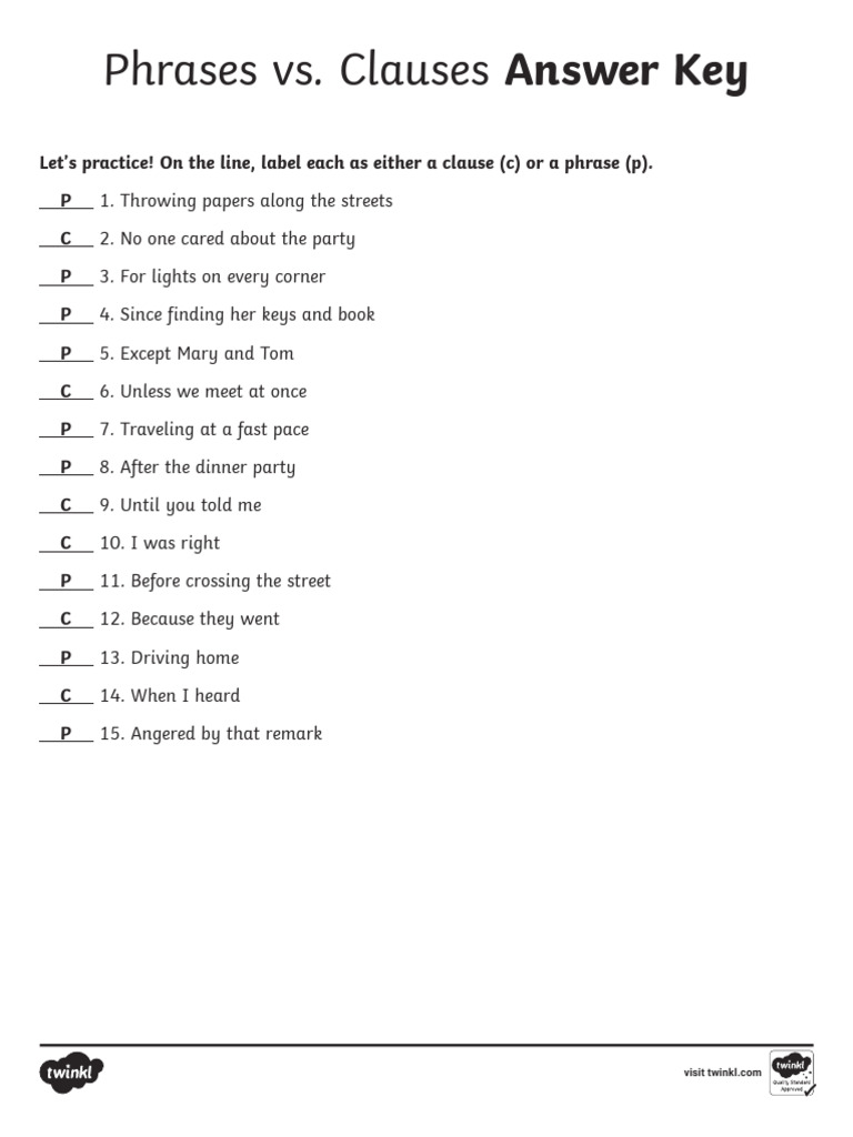Answer Key Phrases and Clauses Practice Activity | PDF
