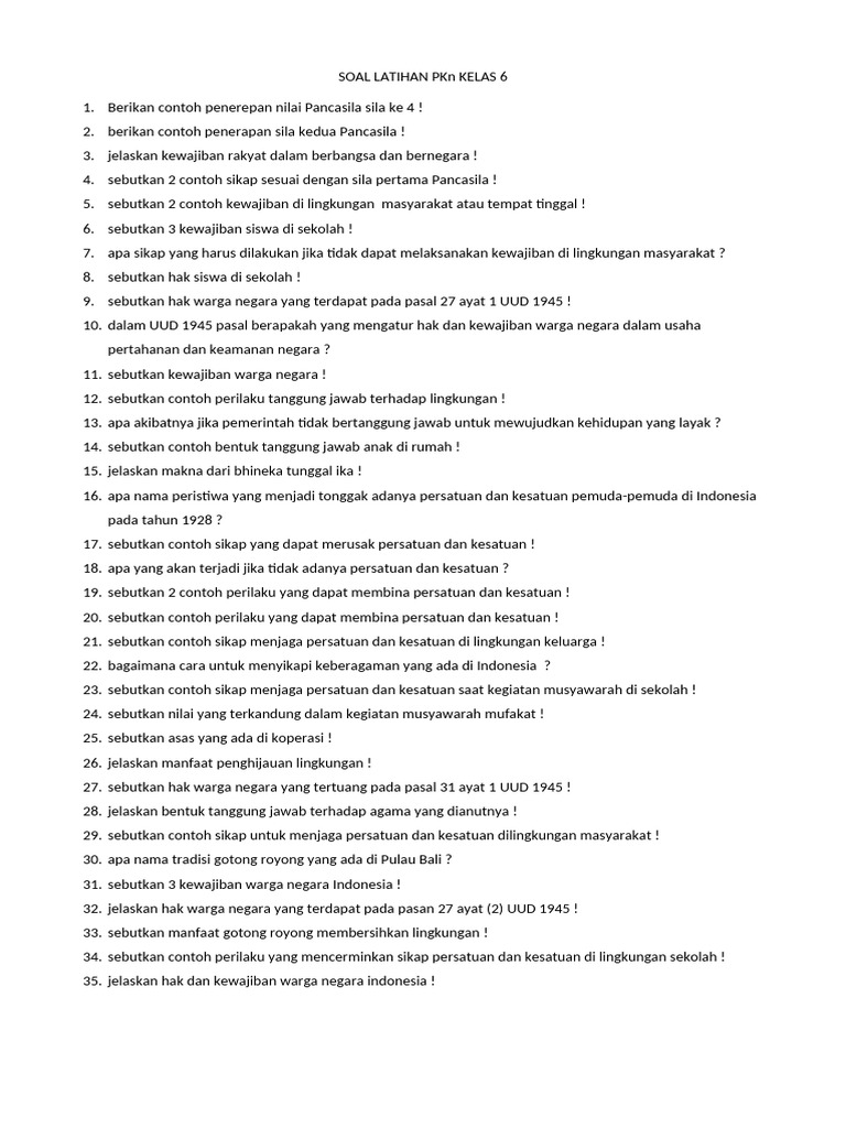 SOAL LATIHAN SAS PKN KELAS 6 | PDF