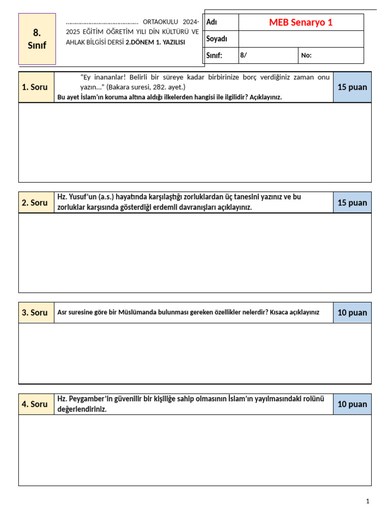 DKAB 8. Sinif 2. Donem 1. Yazili Sorulari | PDF