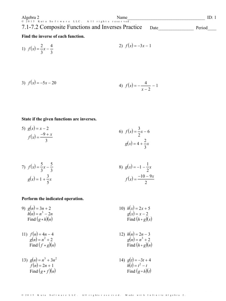 7.1-7.2 Composite Functions and Inverses Practice With Key | PDF ...