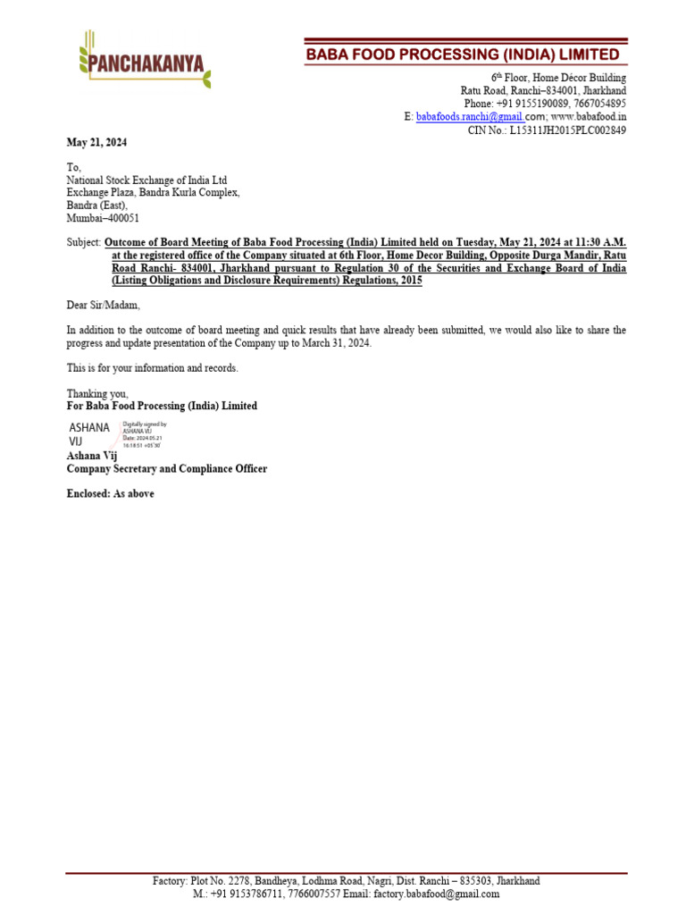 Baba Food Processing Board Meeting Update | PDF