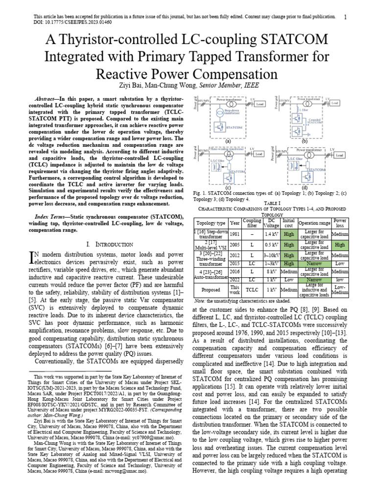 A Thyristor-controlled LC-coupling STATCOM Integrated with Primary ...
