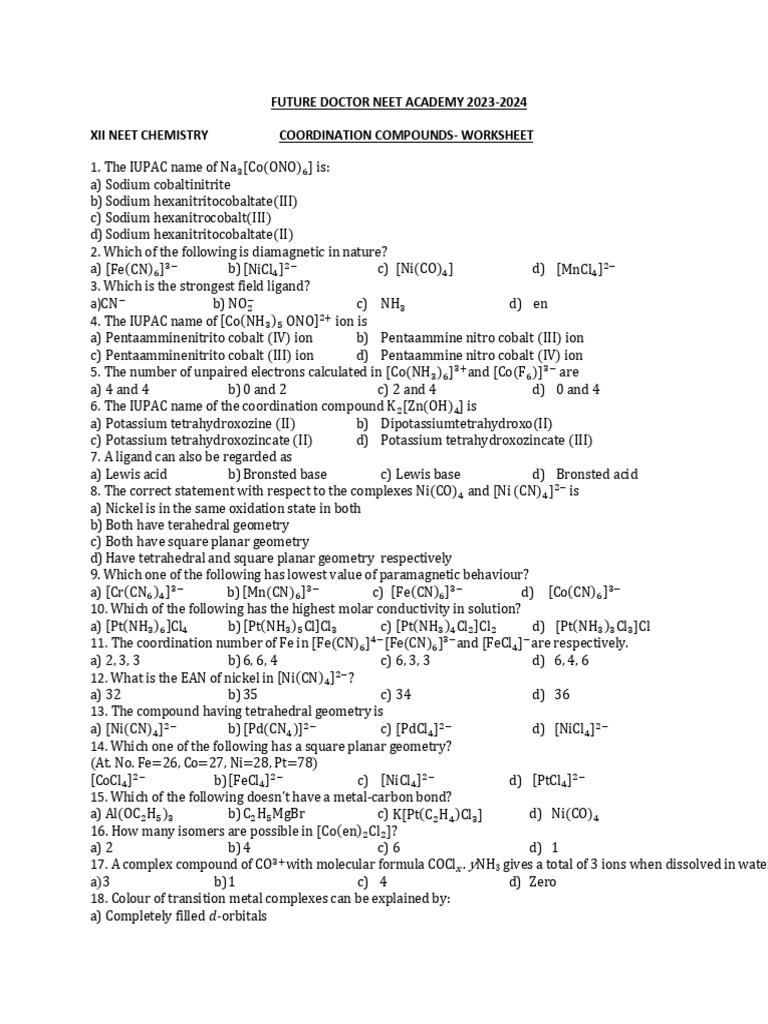 12.6.coordination Compounds Worksheet | PDF | Coordination Complex | Iron