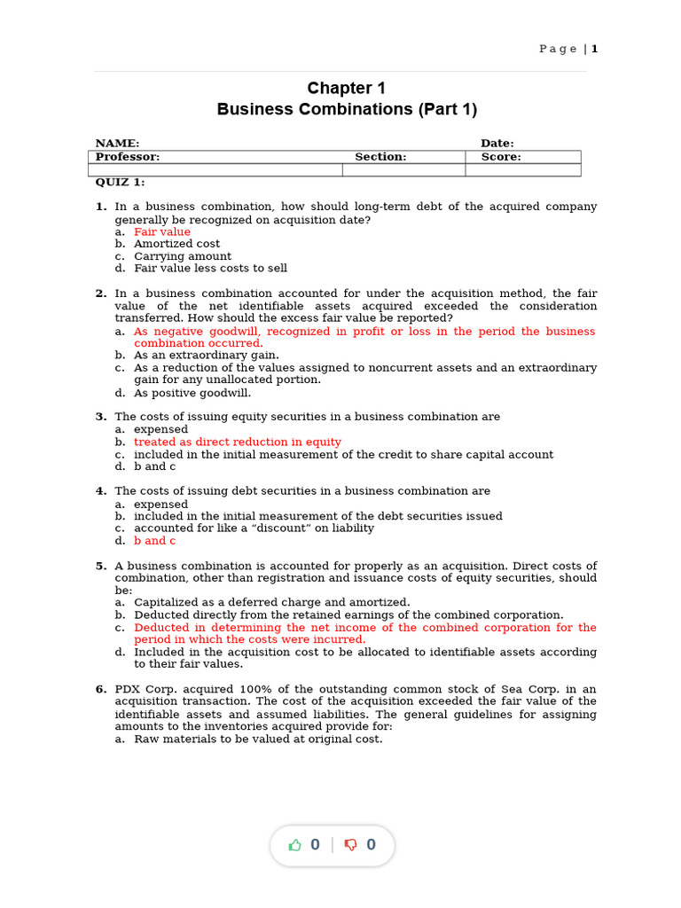 Business Combinations Quiz and Solutions | PDF | Goodwill (Accounting ...