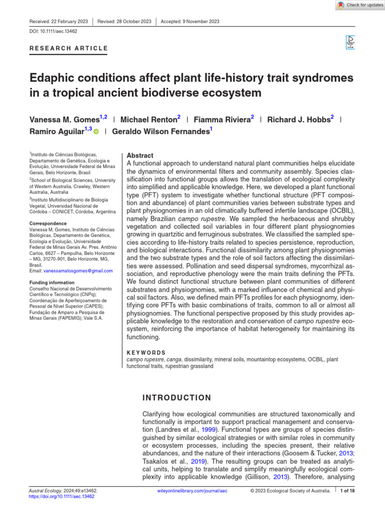 Austral Ecology - 2023 - Gomes - Edaphic conditions affect plant life ...