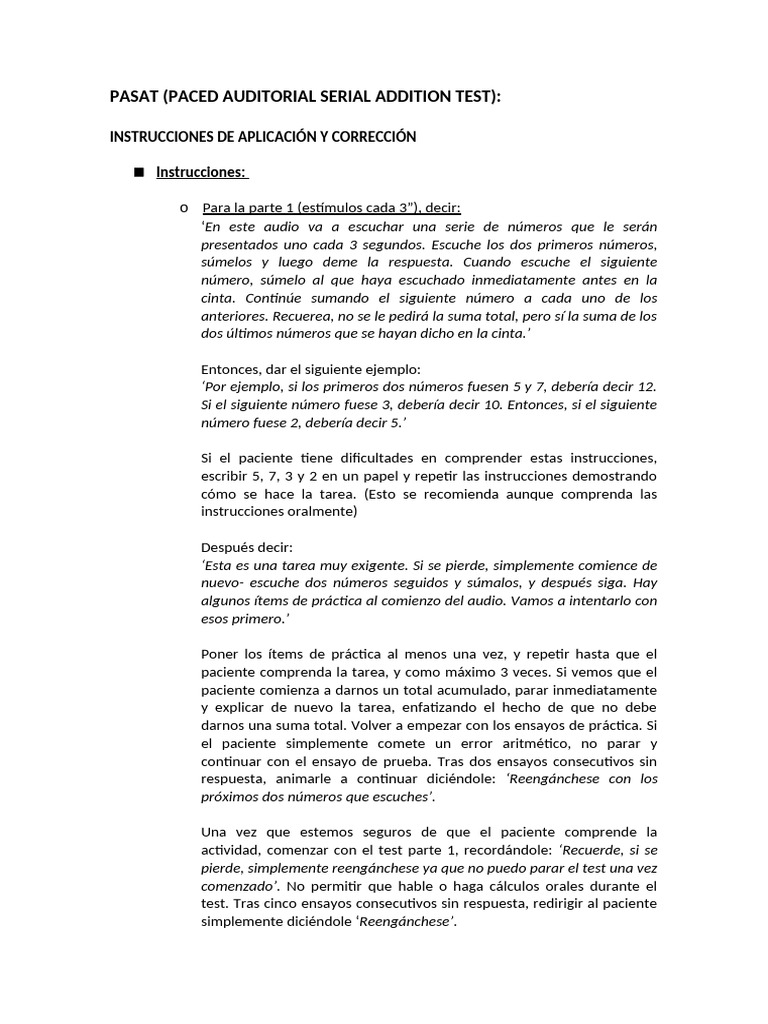 Instrucciones PASAT | PDF | Cognición | Ciencia cognitiva