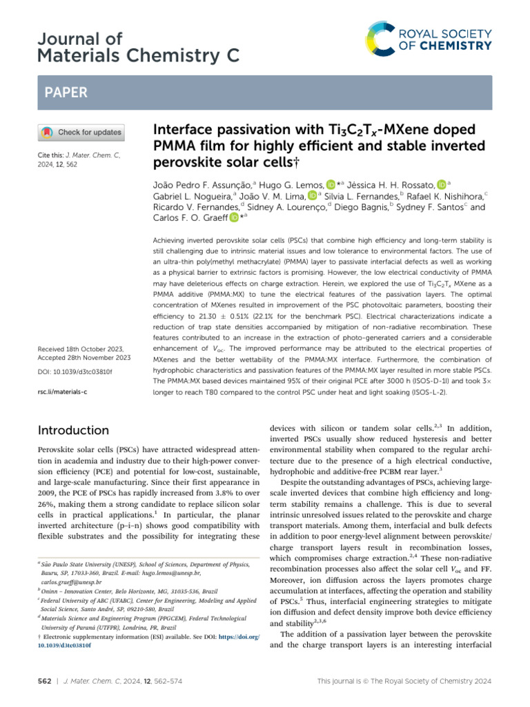 Interface Passivation With Ti3C2Tx MXene Doped PMMA Film For Highly Efficient and Stable ...