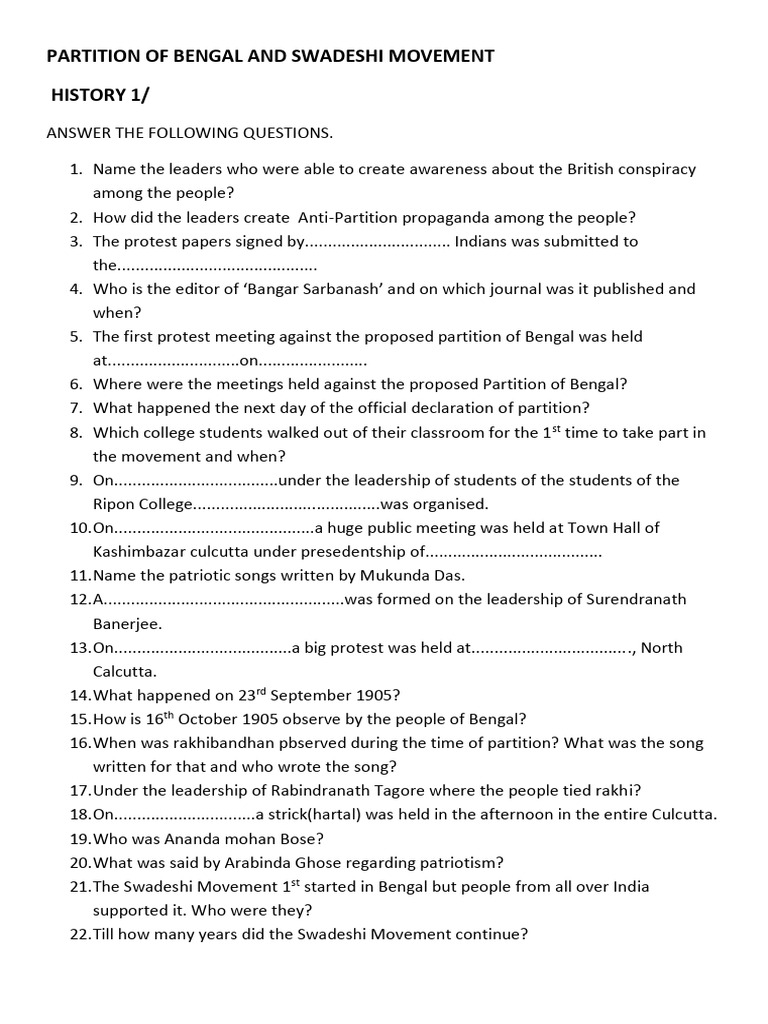 Partition of Bengal and Swadeshi Movement Class10 | PDF | Indian ...