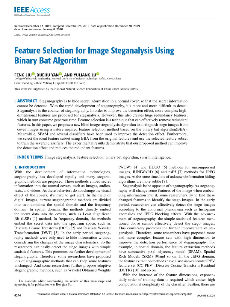 Feature Selection For Image Steganalysis Using Binary Bat Algorithm 1906
