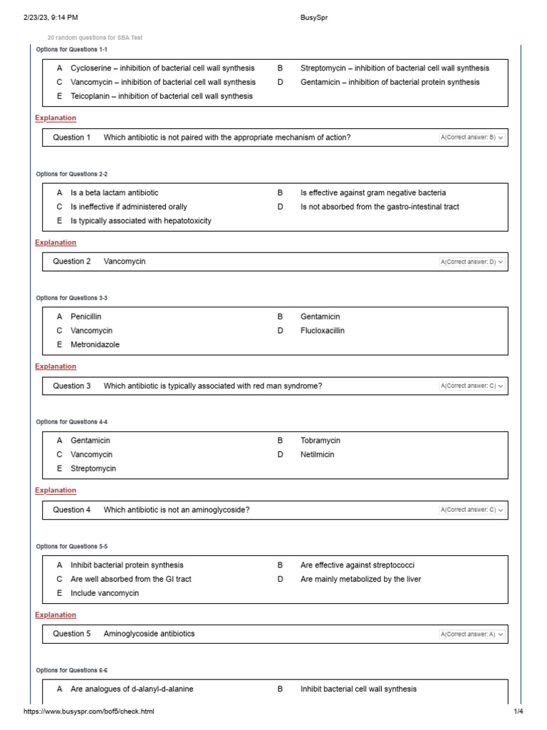 Explanation: 20 Random Questions For SBA Test | PDF | Biocides | Drugs