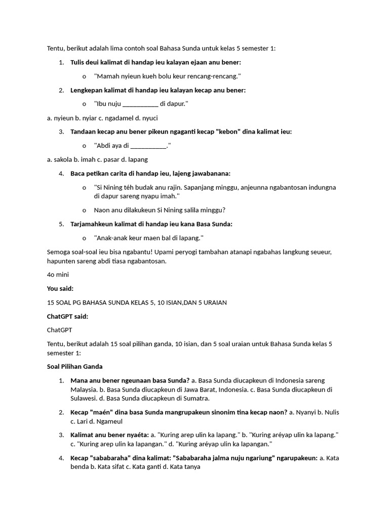 Soal STS Bahasa Sunda Kelas 5 | PDF