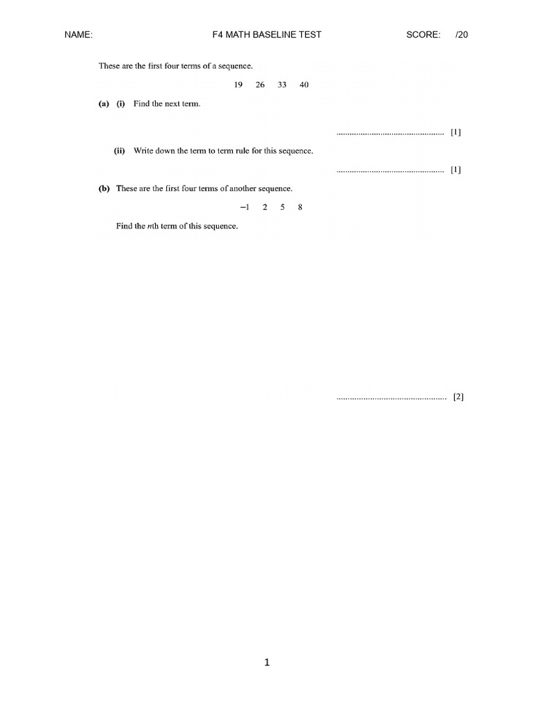 F4 Math Baseline Test Latest Version | PDF