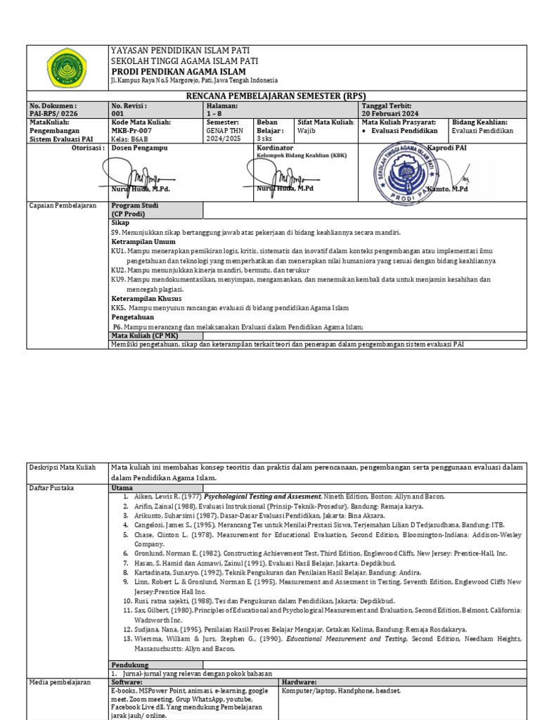 RPS Pengembangan Sistem Evaluasi Pai Nurul Huda B6ab | PDF