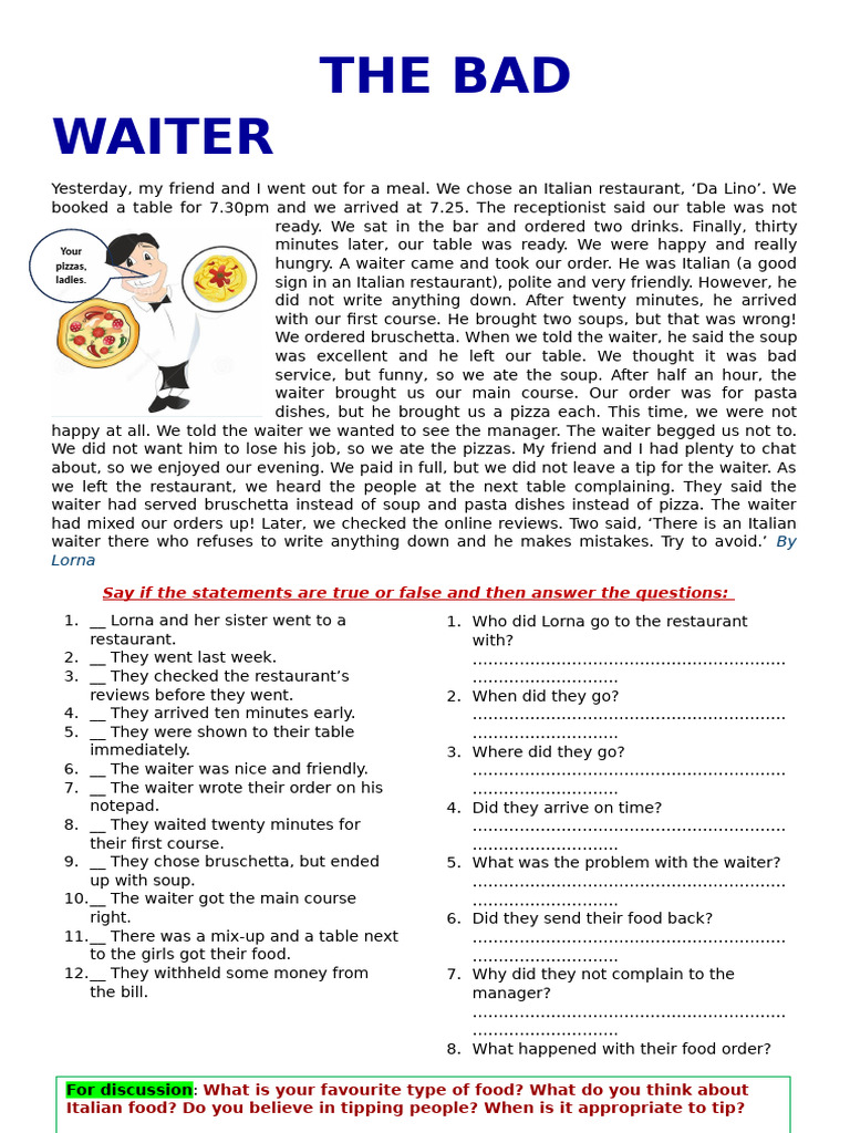 Past Simple Tense With The Bad Waiter - 152071 | PDF | Waiting Staff