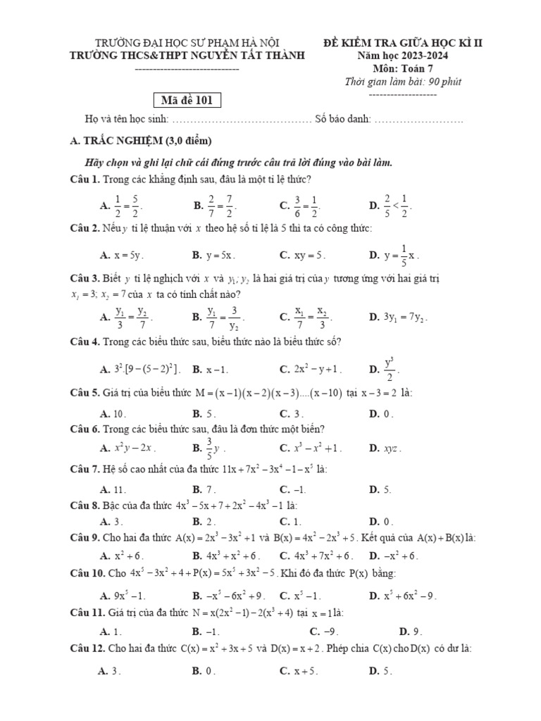 GK2 Toán 7 năm 23 24 - Đề | PDF