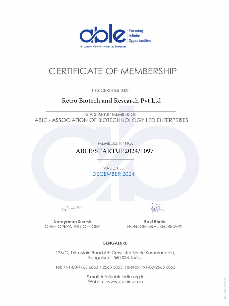 ABLE Certificate_1718790512_Retro Biotech and Research Pvt Ltd | PDF