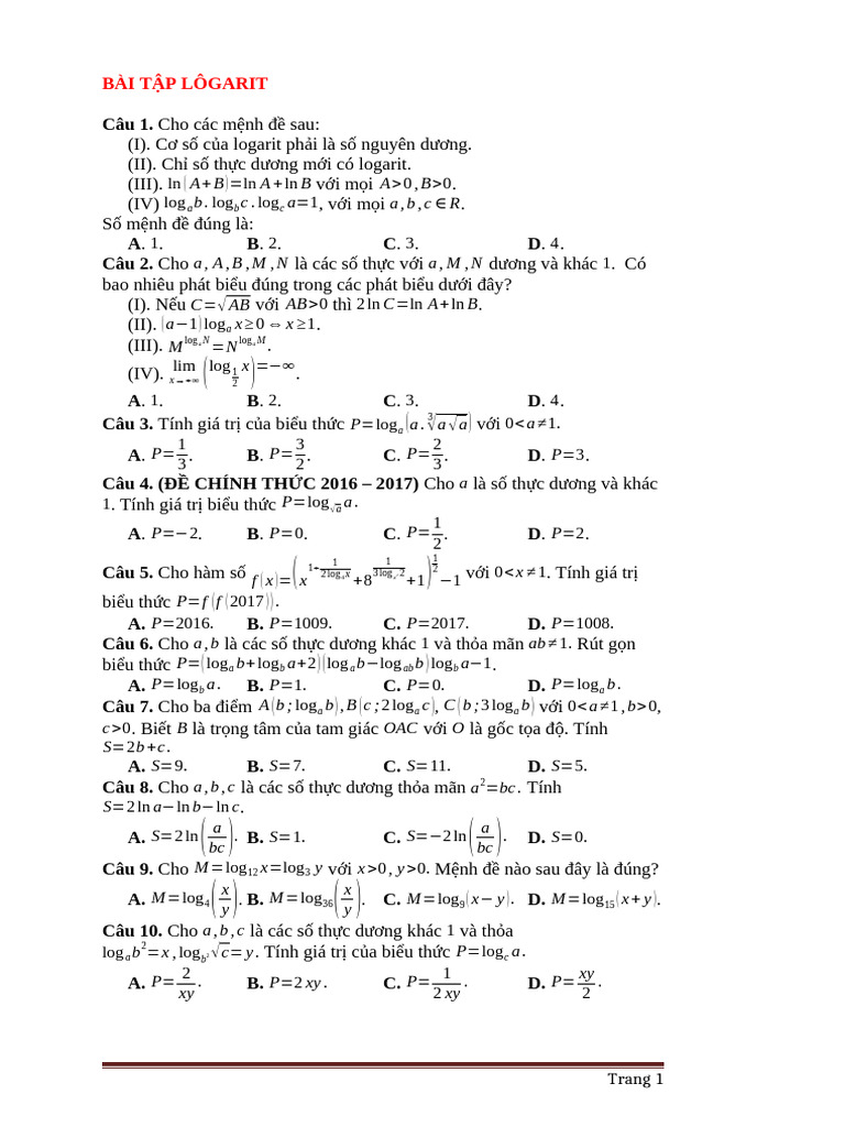 Trắc nghiệm tổng hợp Logarit | PDF