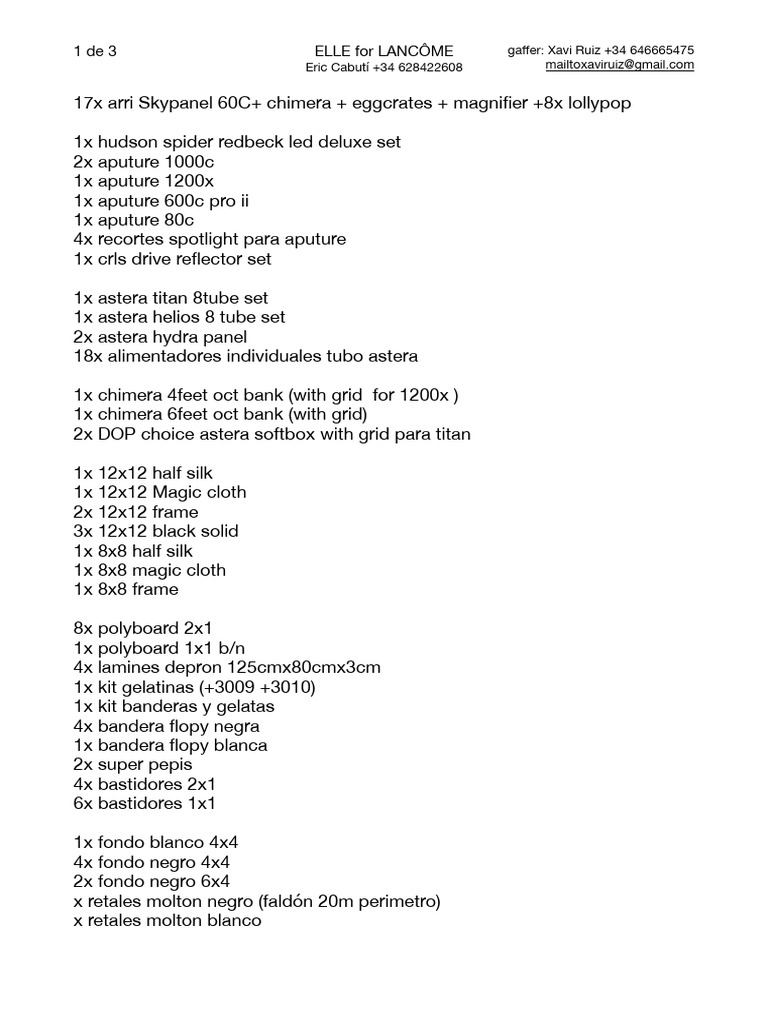 Ver.2 Lista Material Luz Elle For Lancôme | PDF